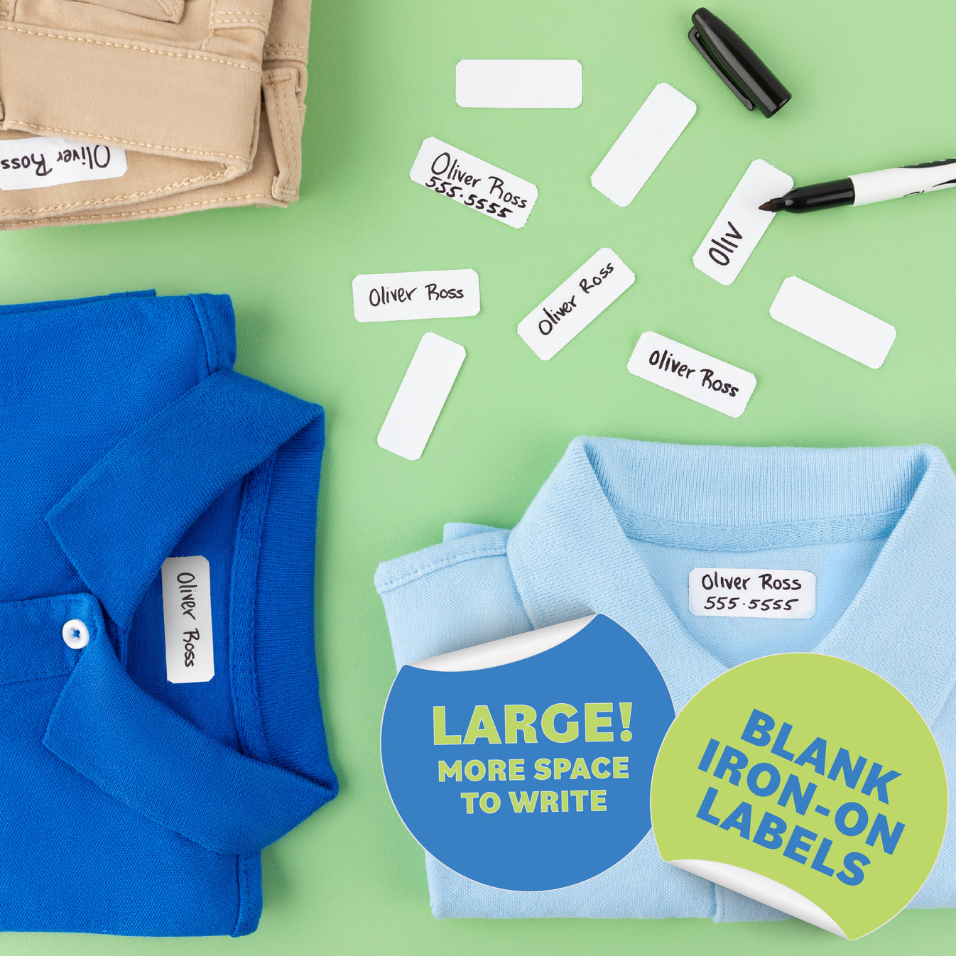 Large Writable Iron-On Name Labels for Clothing with Permanent Laundry